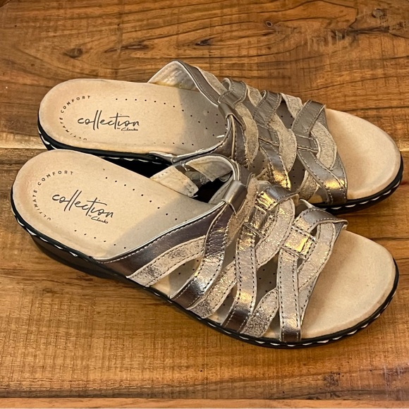 Clarks | Shoes | Clarks Metallic Gold Leather Sandal Size 7 Wide | Poshmark
